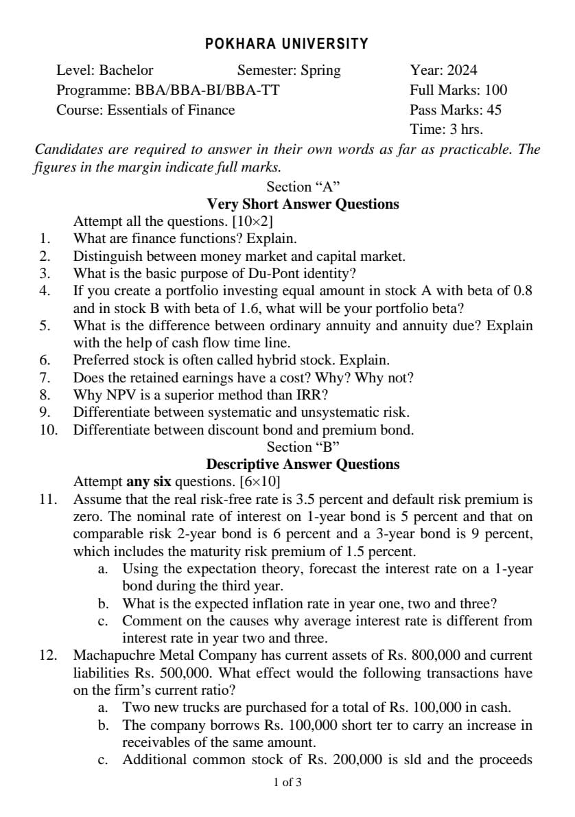 PU BBA BBA-BI BBA-TT Essentials of Finance Question Paper - Mero Enotes
