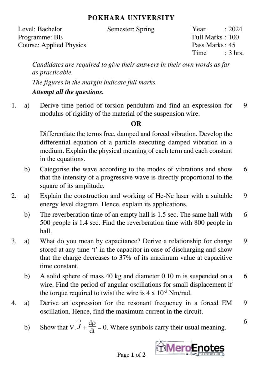 Pokhara University PU BE Civil Applied Physics Question Paper 1 ...