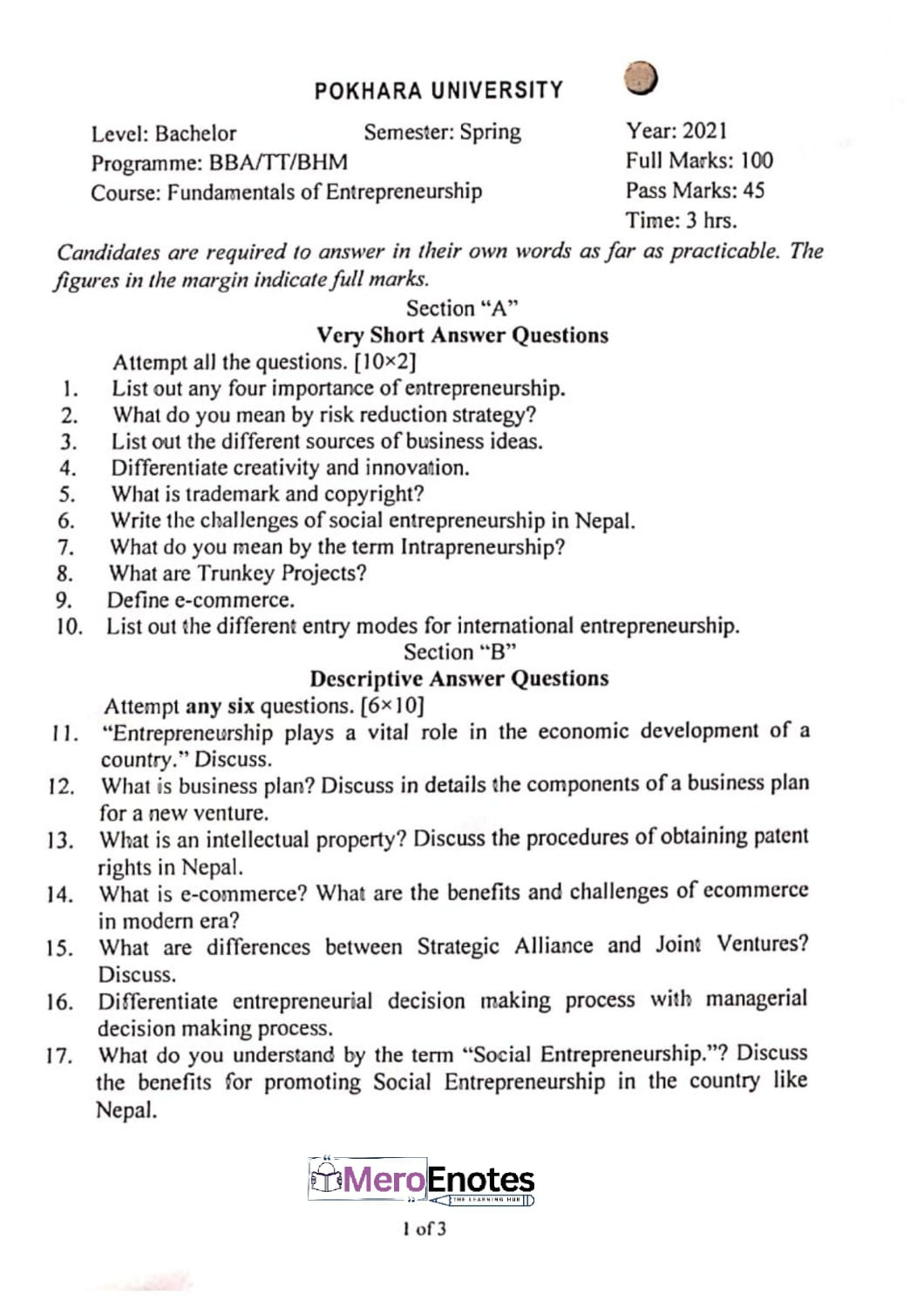 PU BBA Fundamentals of Entrepreneurship Question paper 7th Semester ...