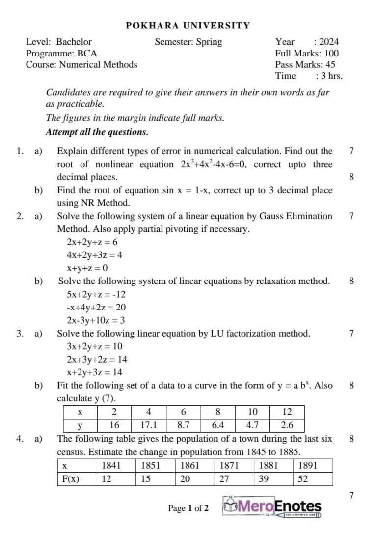 Pokhara University Pu Bca Numerical Methods Question Paper 4th Semester 4215