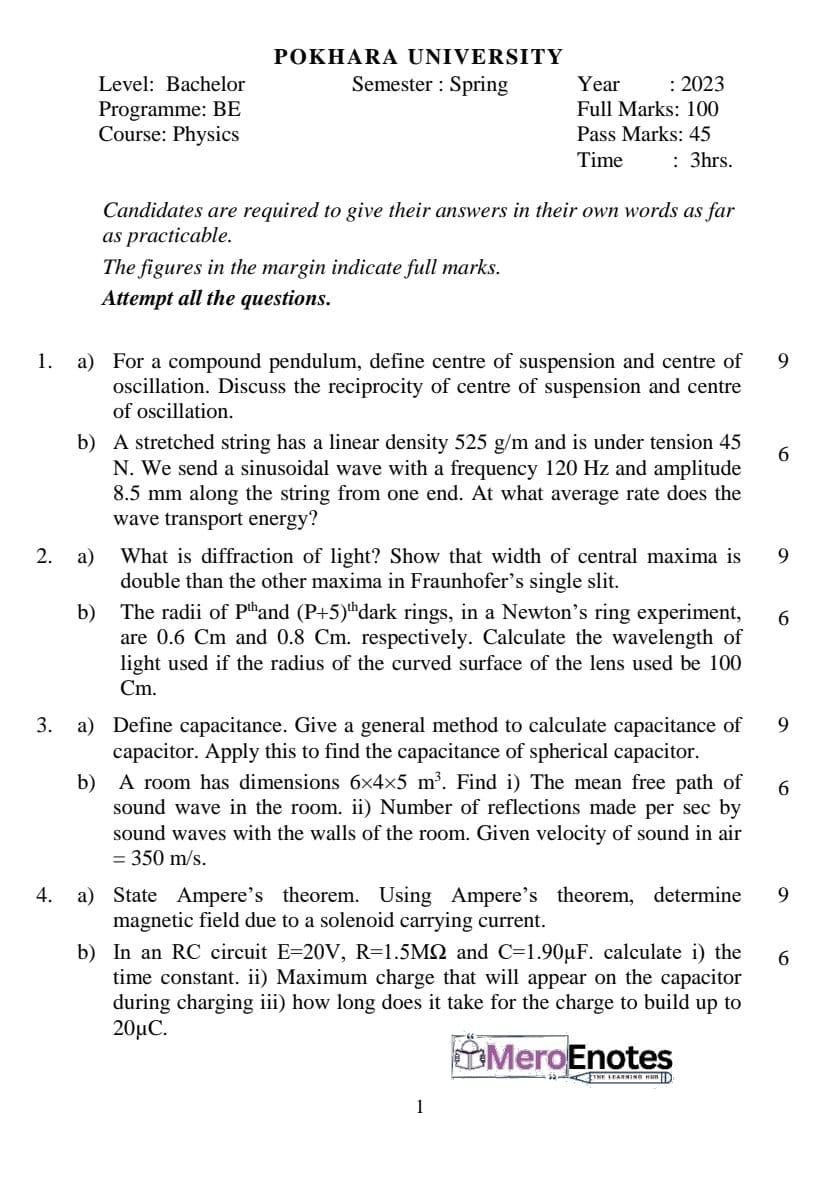 Pokhara University PU BE Civil Applied Physics Question Paper 1 ...
