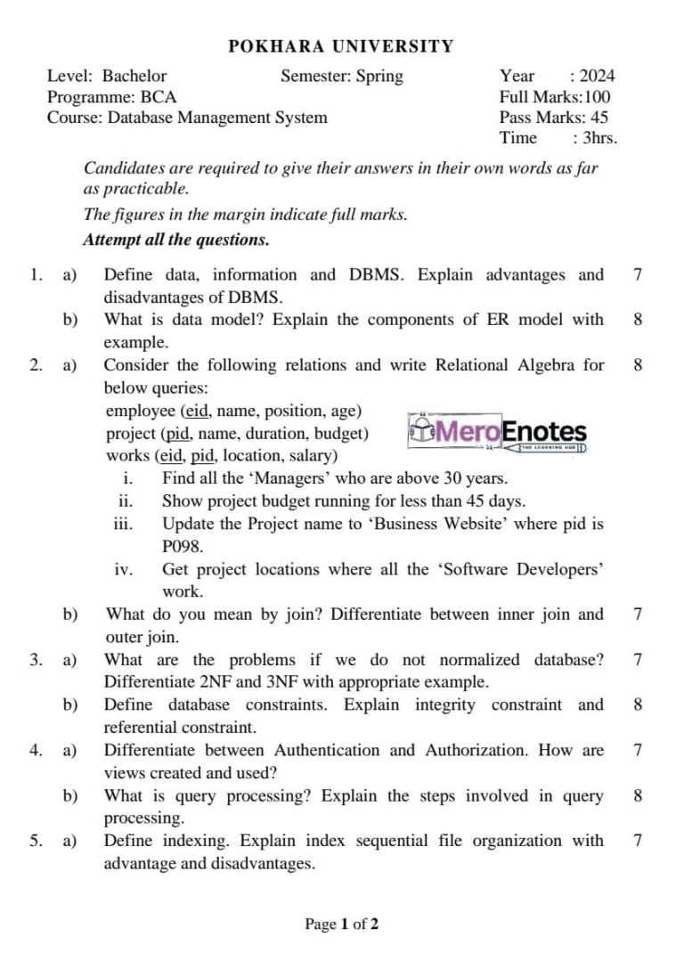 Pokhara University PU BCA Database Management System Question Paper 4th ...