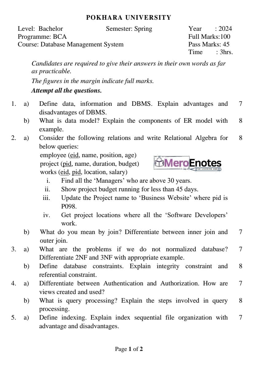 Pokhara University PU BCA Database Management System Question Paper 4th ...