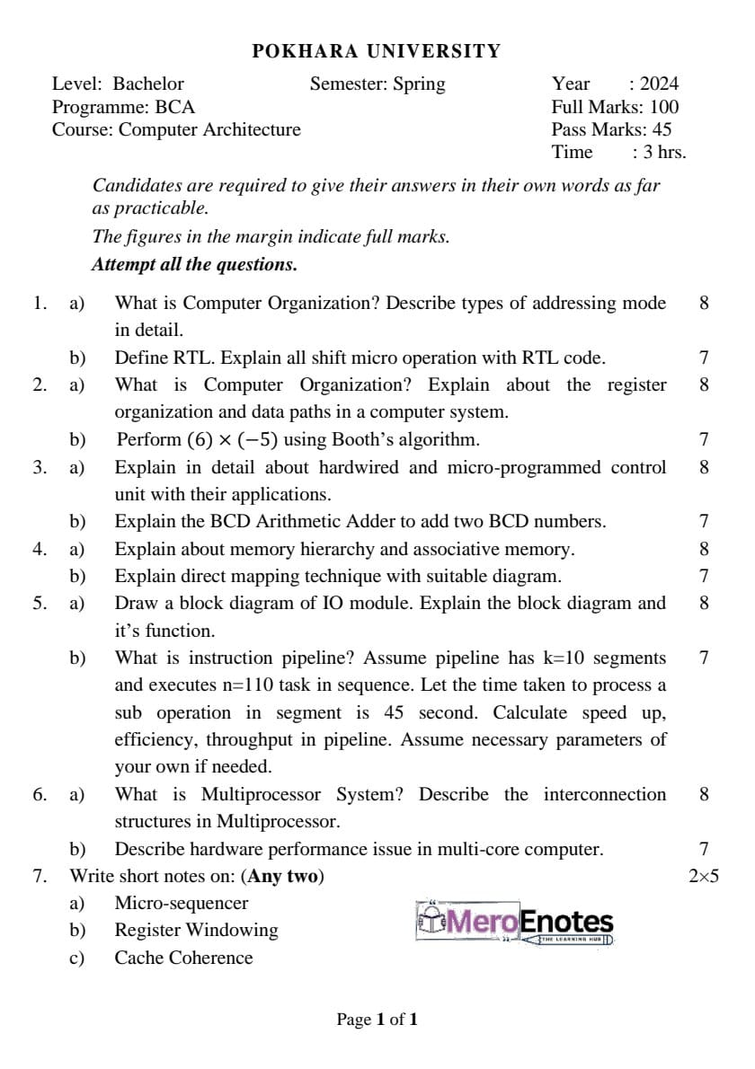 Pokhara University Pu Bca Computer Architecture Question Paper 5th 