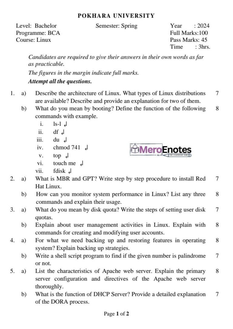 Pokhara University PU BCA Linux Question Paper 7th Semester - Mero Enotes