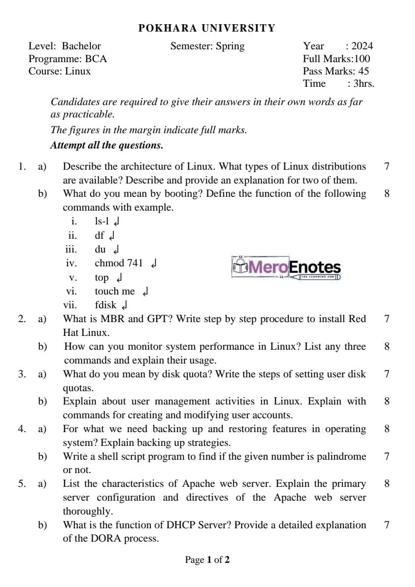 Pokhara University PU BCA Linux Question Paper 7th Semester - Mero Enotes Pokhara University PU BCA Linux Question Paper 7th Semester - Mero Enotes