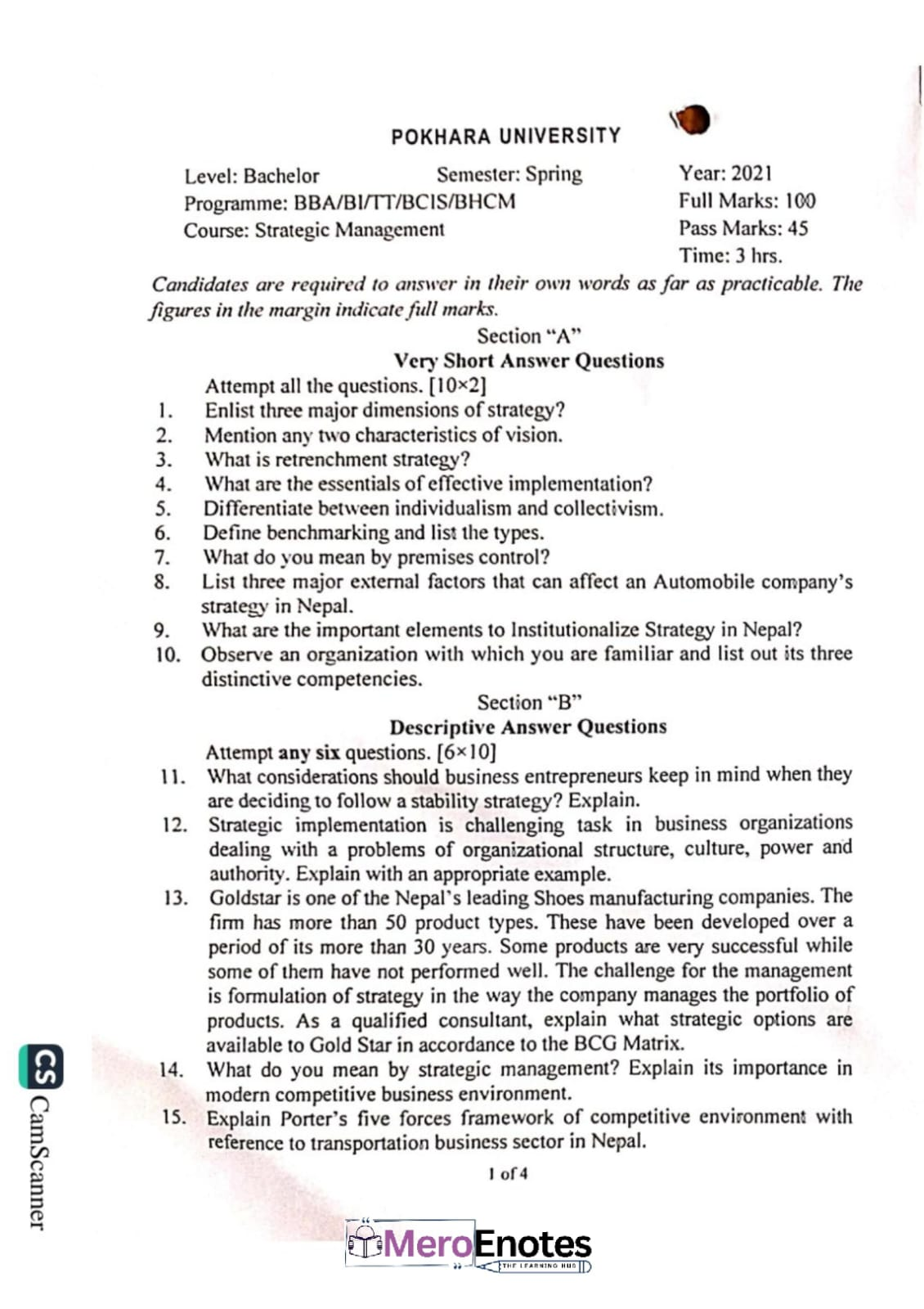 PU BBA Strategic Management Question paper 8th Semester - Mero Enotes