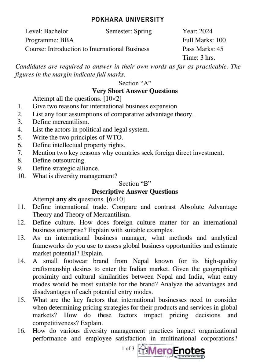 PU BBA Introduction to international Business Question paper 8th ...