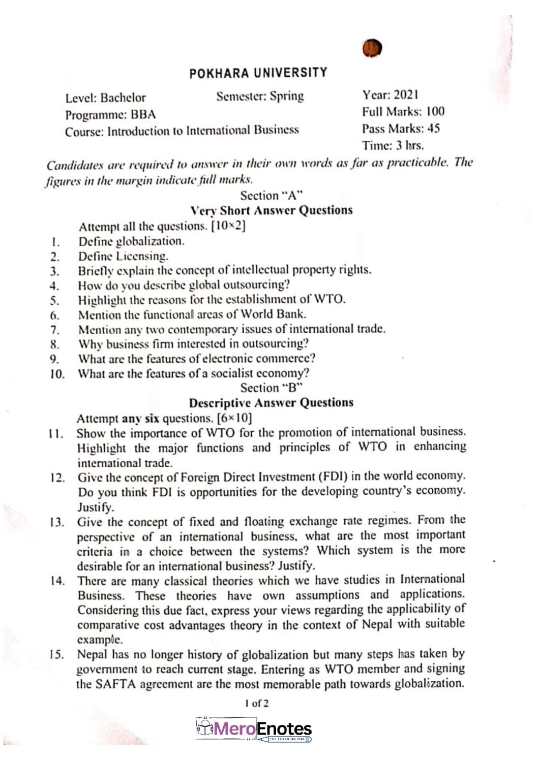 PU BBA Introduction to international Business Question paper 8th ...