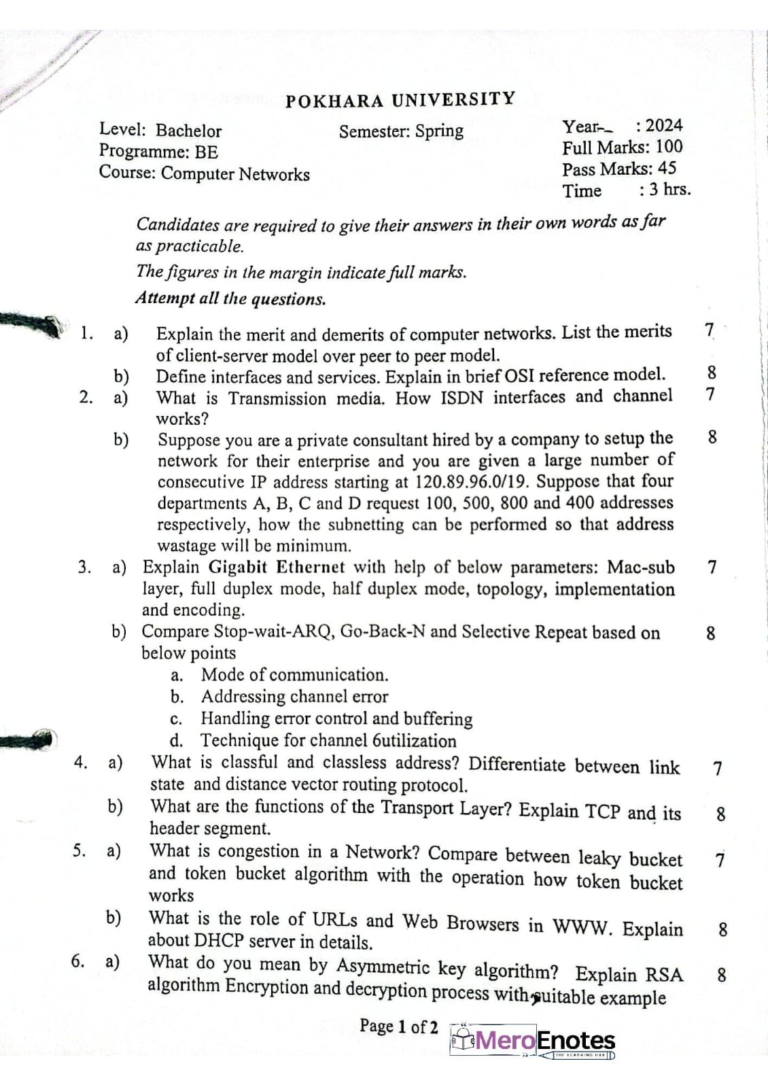 PU BE Computer Computer Networks Question paper 6th Semester - Mero Enotes
