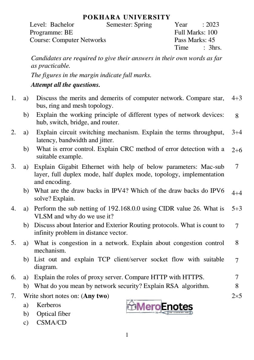 PU BE Computer Computer Networks Question paper 6th Semester - Mero Enotes