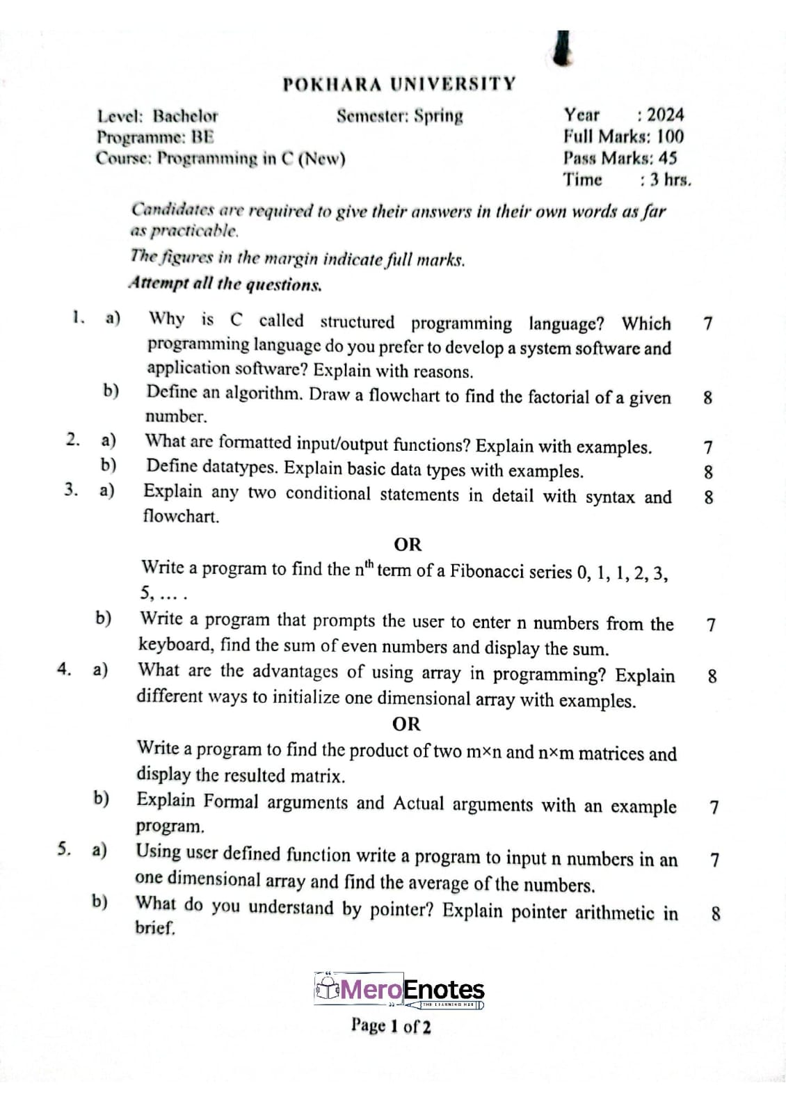 PU BE Civil Programming in C Question Paper 1st Semester - Mero Enotes