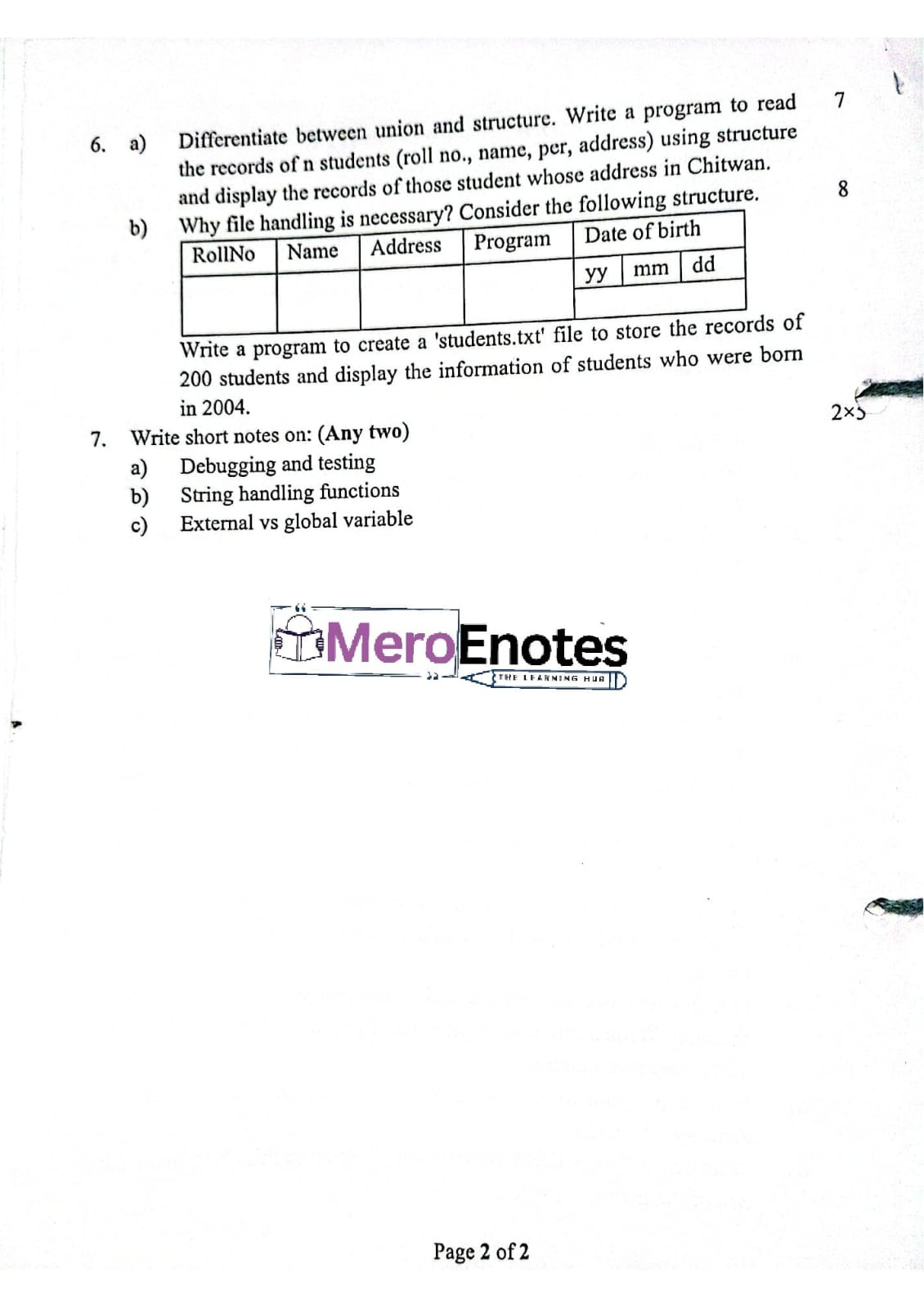 PU BE Civil Programming in C Question Paper 1st Semester - Mero Enotes