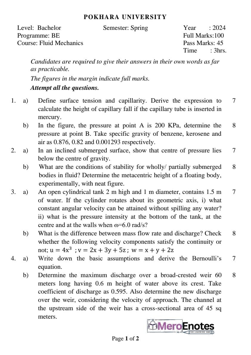 PU BE Civil Fluid Mechanics Question paper 3rd Semester - Mero Enotes