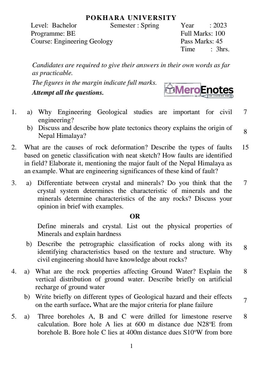 PU BE Civil Engineering Geology Question paper 3rd Semester - Mero Enotes