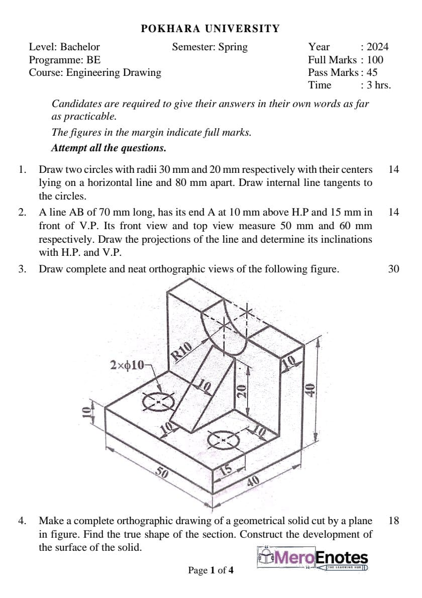Pokhara University PU BE Civil Engineering Drawing Question Paper 1st ...