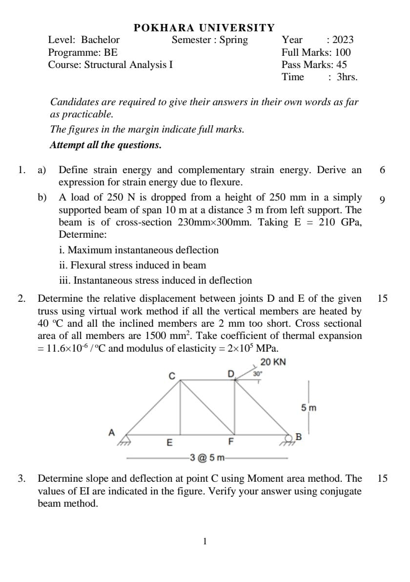 PU BE Civil Structural Analysis I Question paper 4th Semester - Mero Enotes
