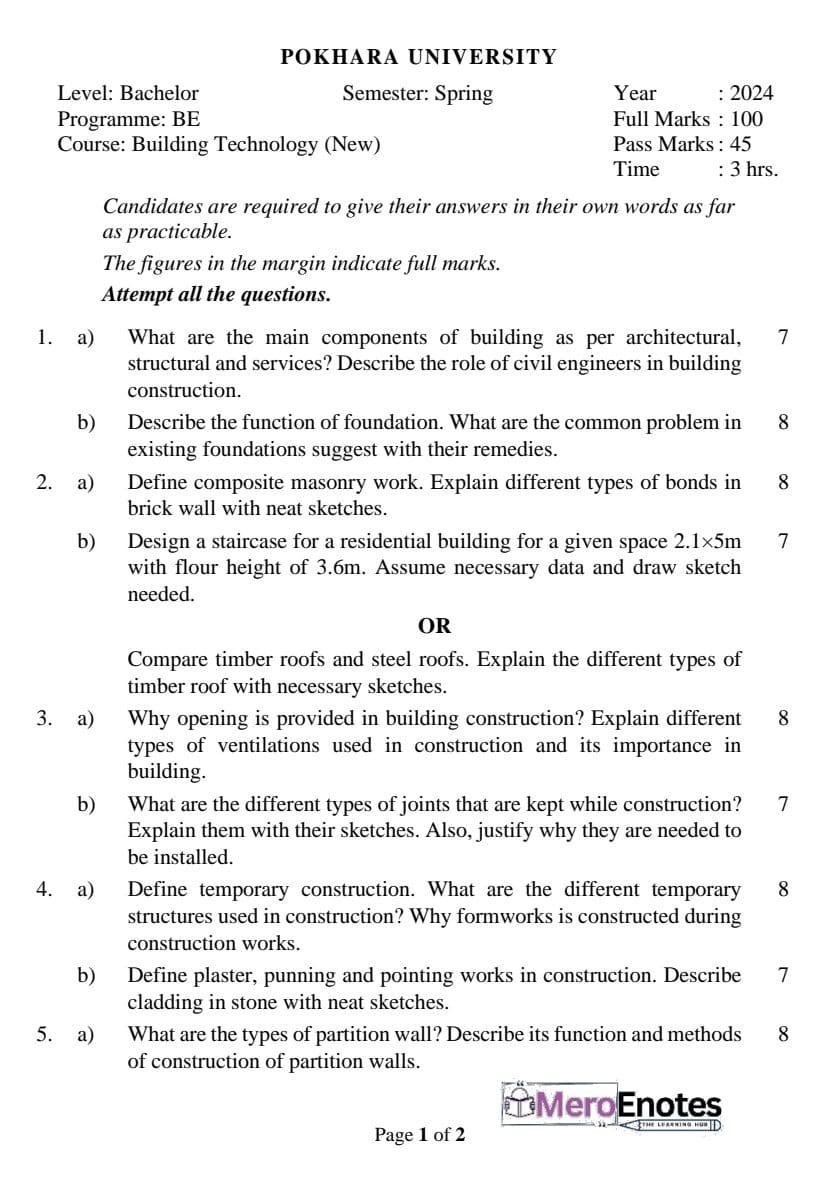 PU BE Civil Building Technology Question paper 5th Semester - Mero Enotes