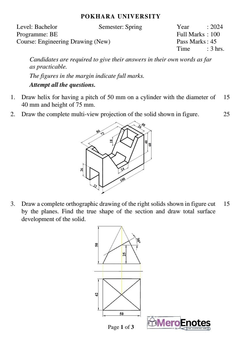 Pokhara University PU BE Civil Engineering Drawing Question Paper 1st ...