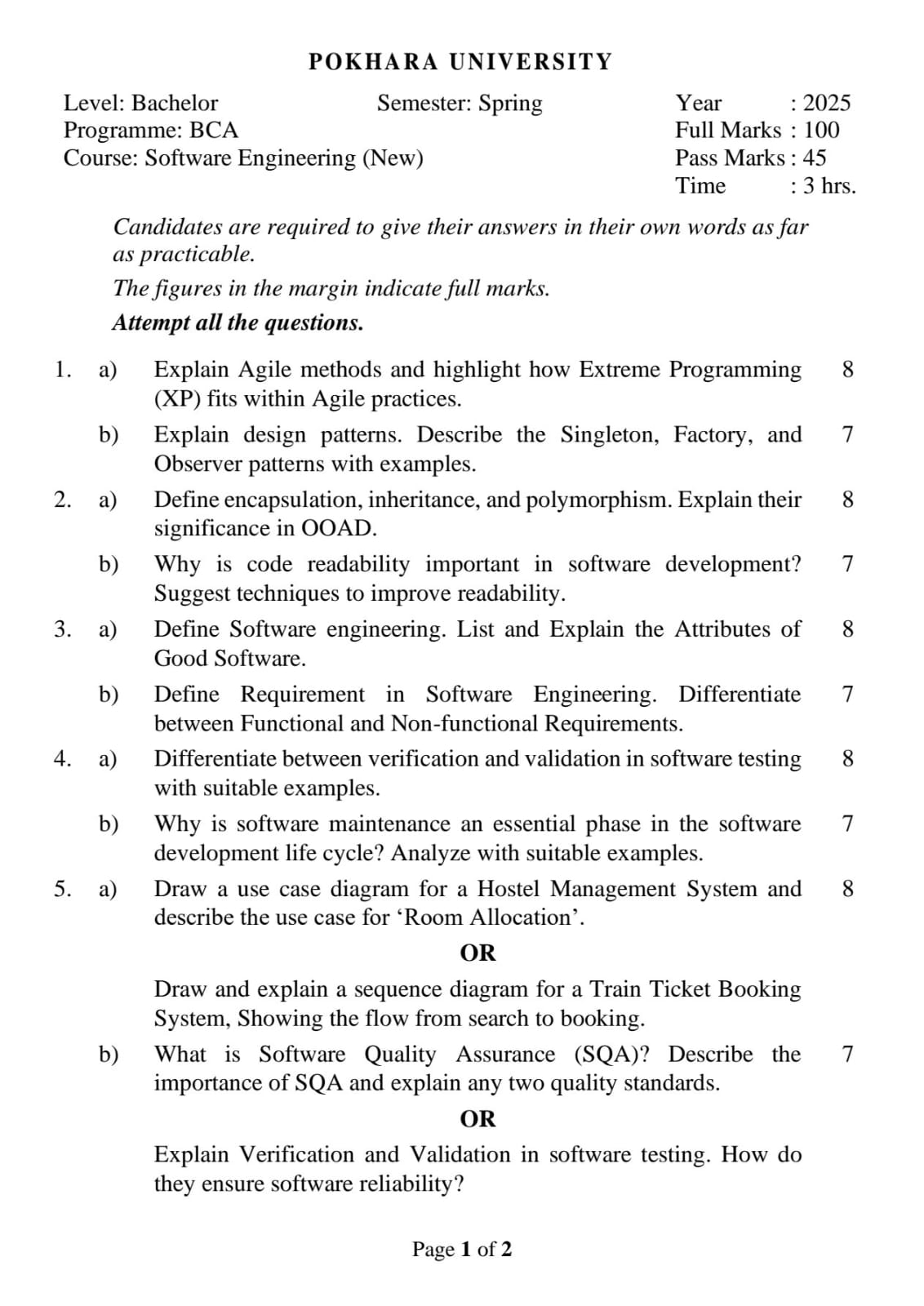 Pokhara University PU BCA Software Engineering Question Paper 4th ...