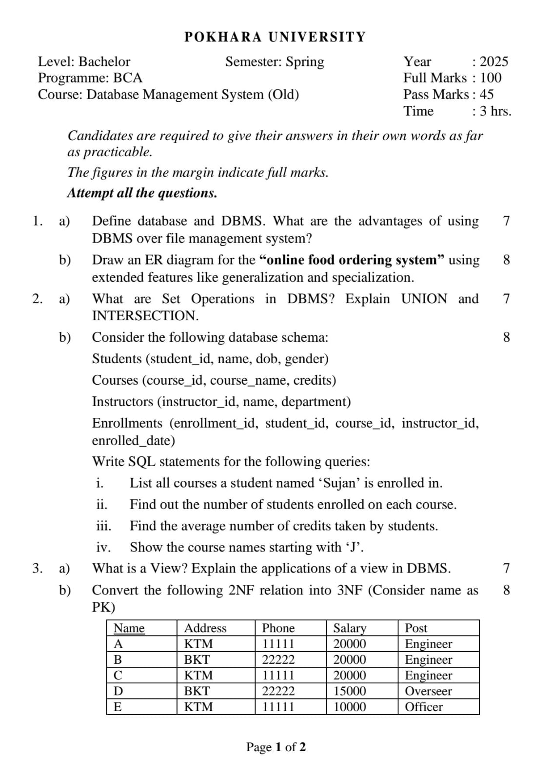 Pokhara University PU BCA Database Management System Question Paper 4th ...