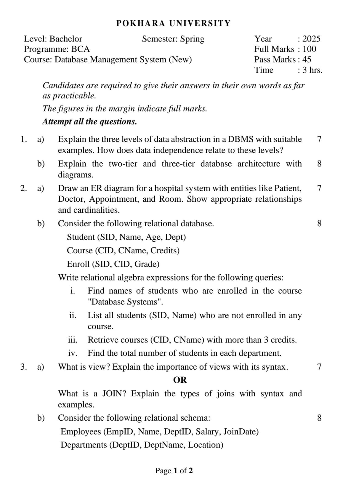 Pokhara University PU BCA Database Management System Question Paper 4th ...