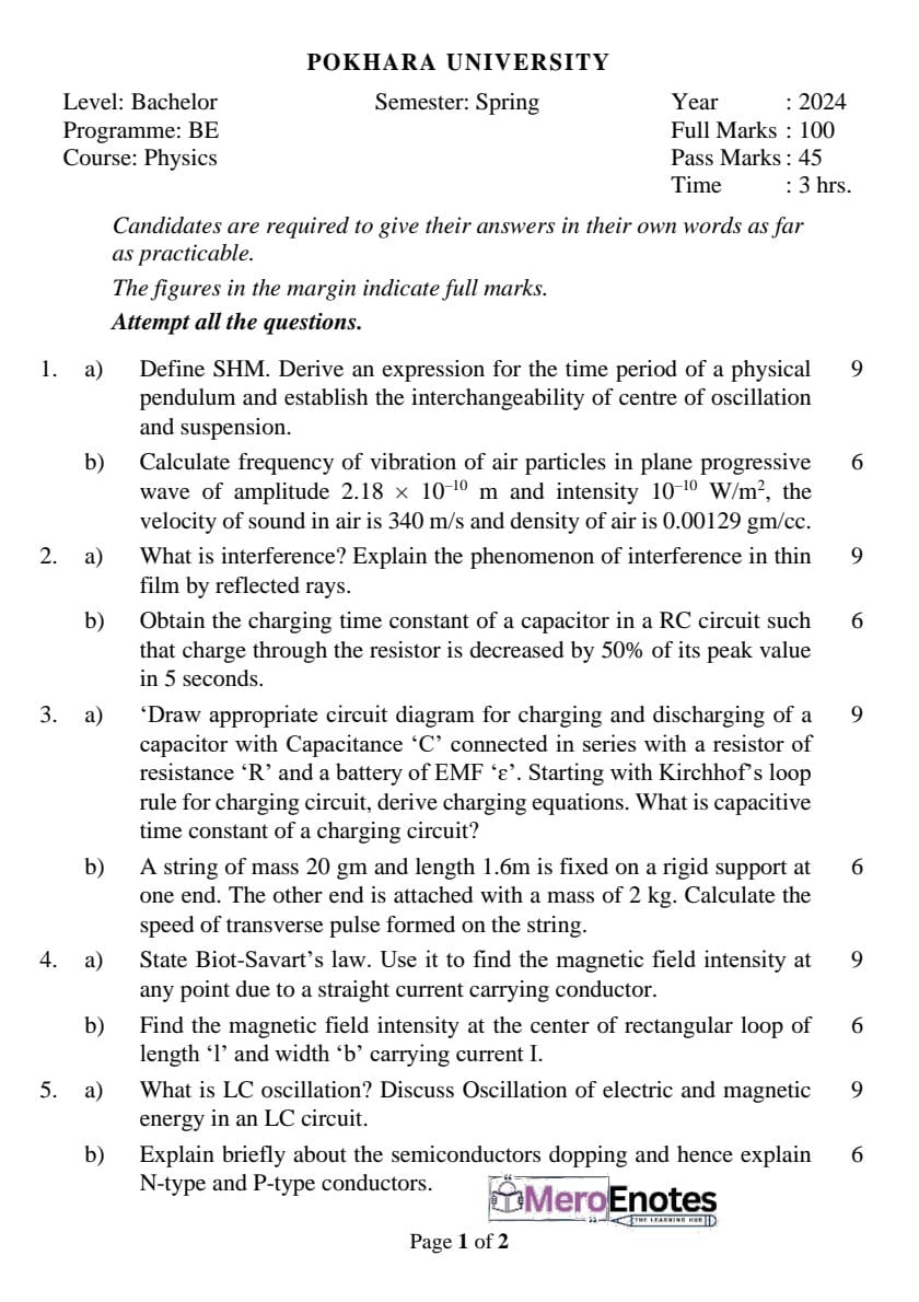 Pokhara University PU BE Civil Applied Physics Question Paper 1 ...