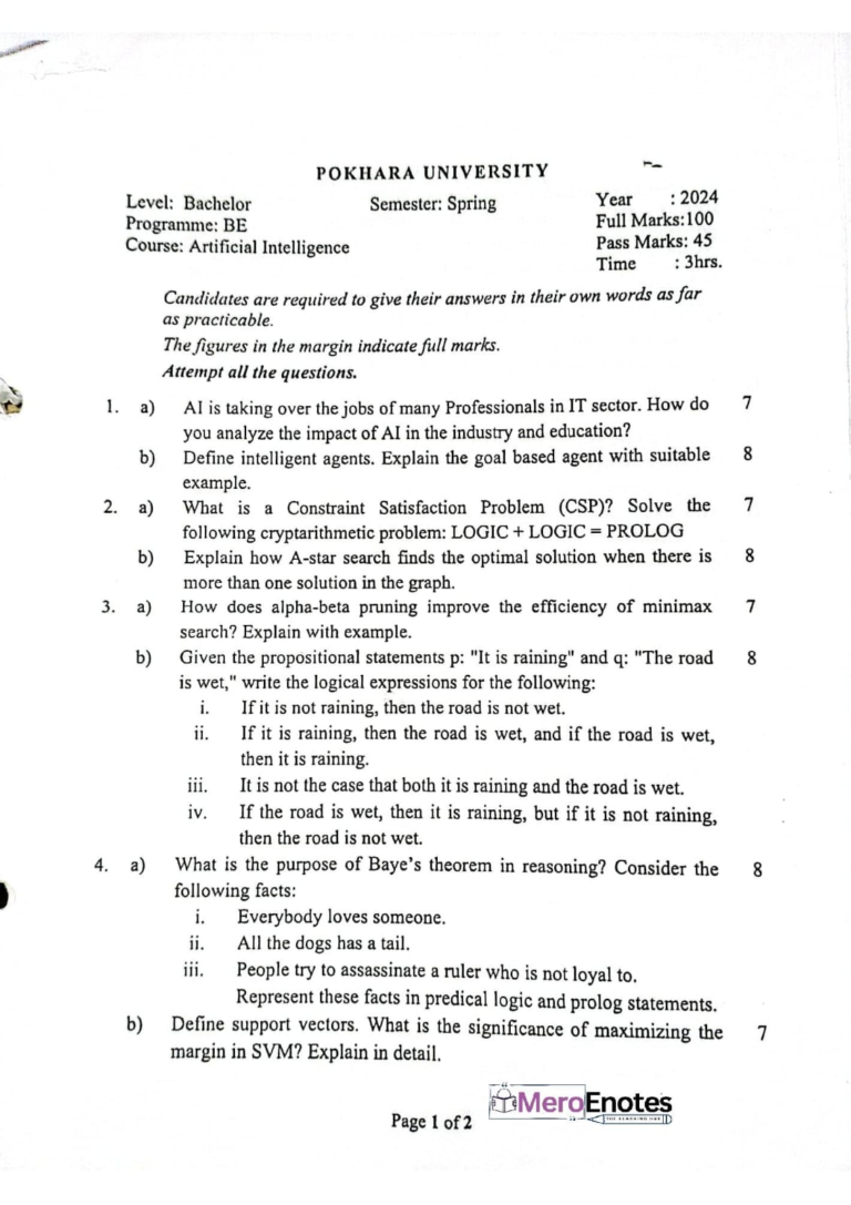 PU BE Computer Artificial Intelligence Question paper 5th Semester ...