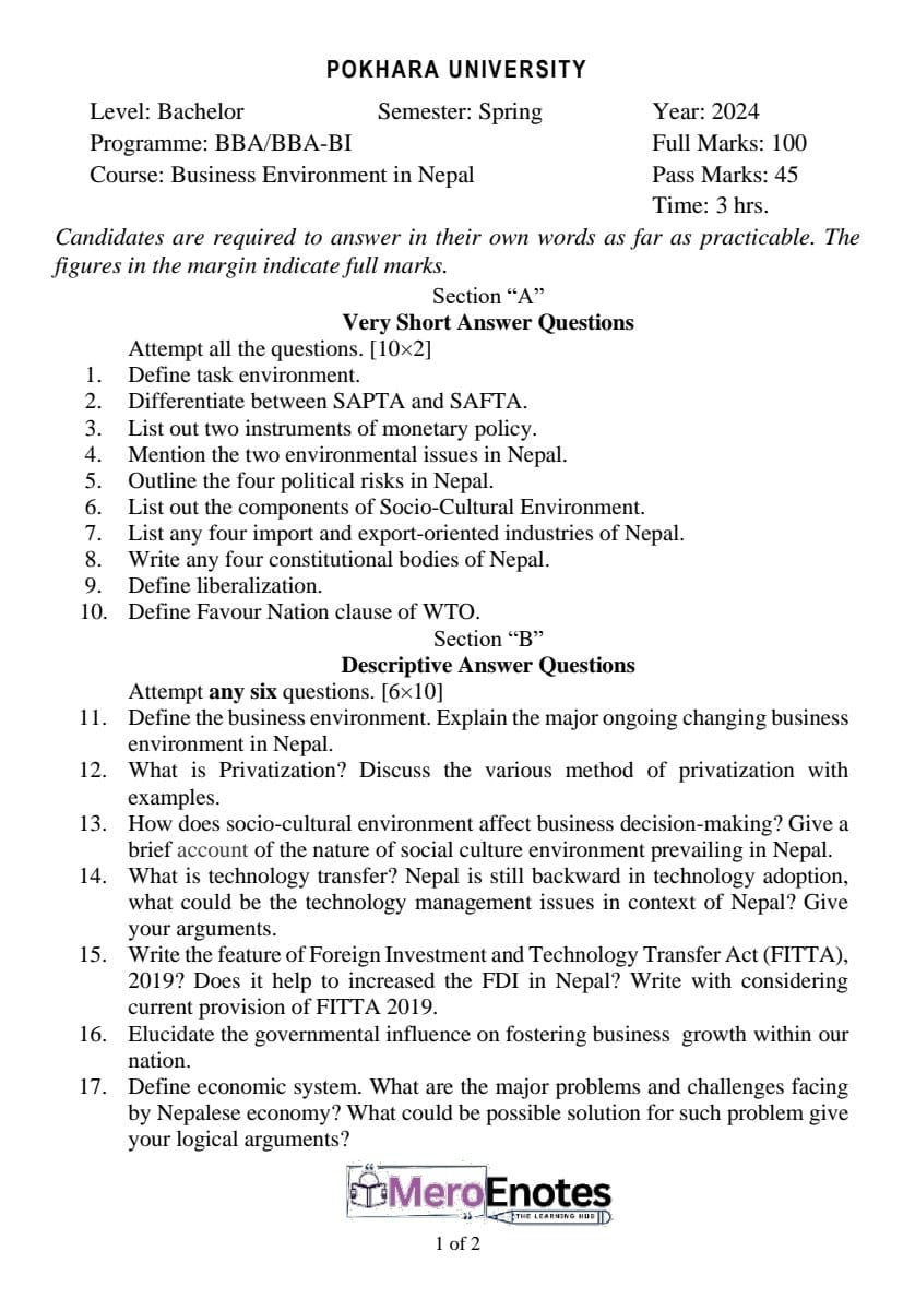 PU BBA Business Environment In Nepal Question paper 7th Semester - Mero ...