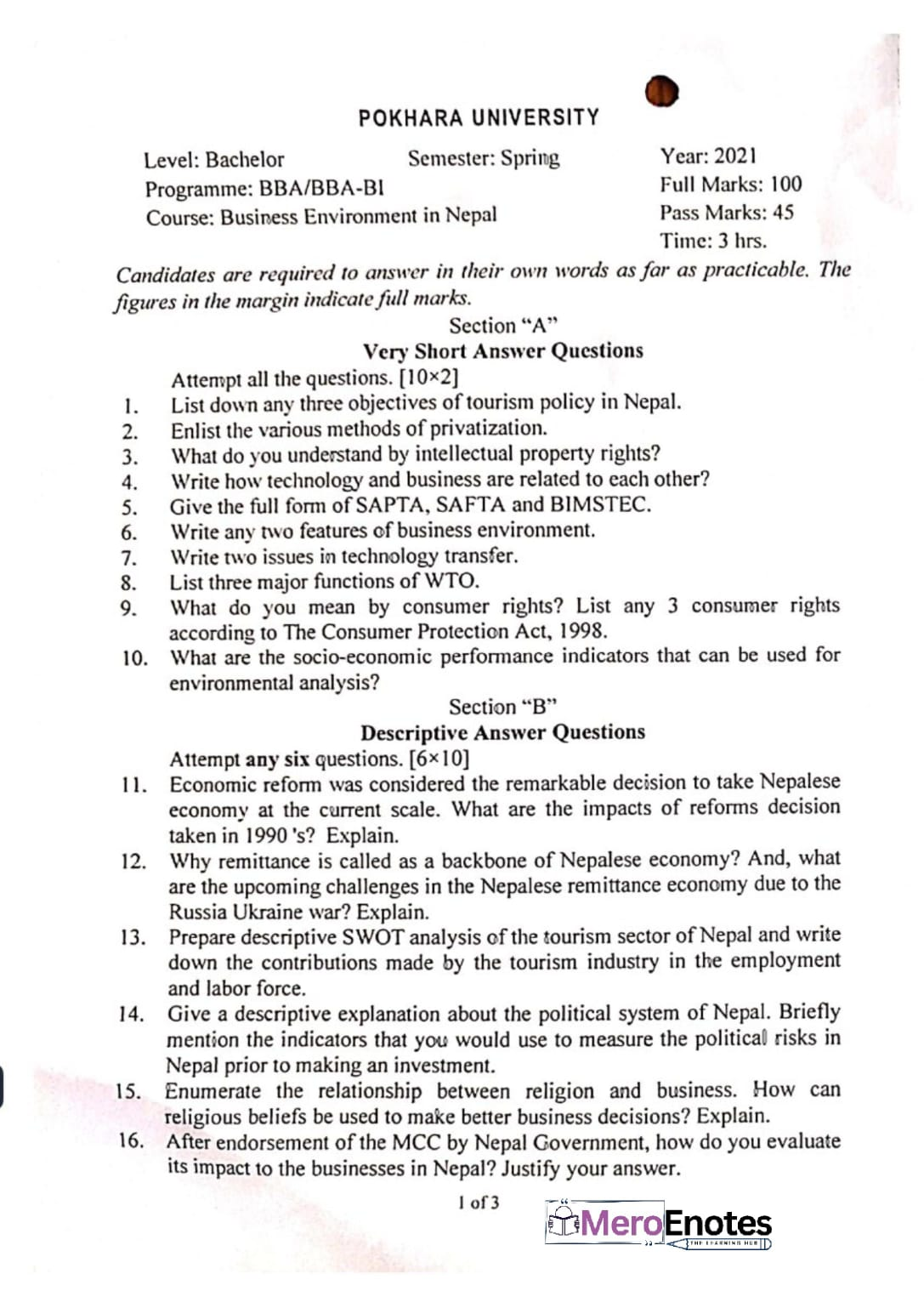 PU BBA Business Environment In Nepal Question paper 7th Semester - Mero ...
