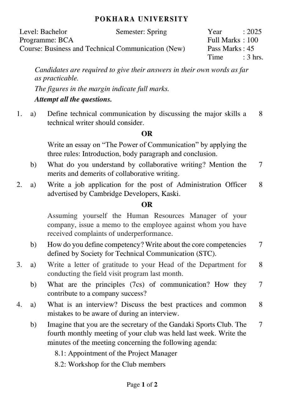 Pokhara University BCA Business and Technical Communication Question ...
