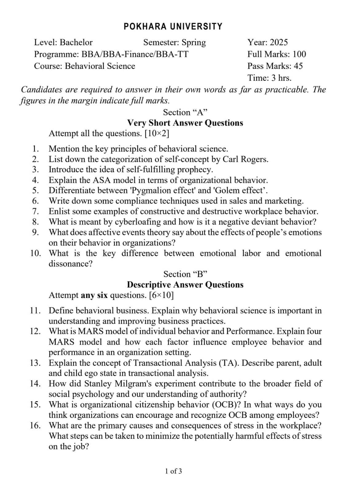 Pou BBA Behavioral Science Question paper - Mero Enotes